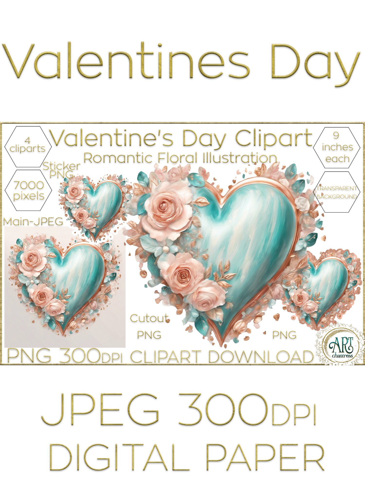 Cute Valentines Day Heart Clipart Roses Gold Blush (3139782)