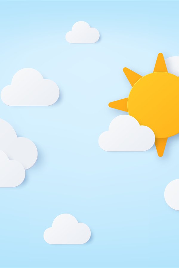 Paper sun and clouds. Summer sunny day, blue sky with white