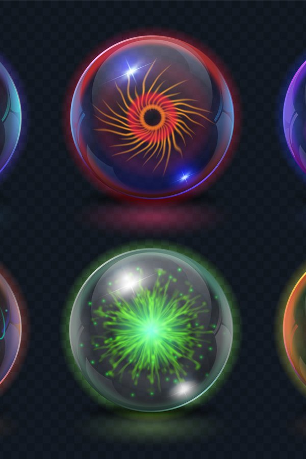 Realistic magic energy balls with fire, lights and lightning