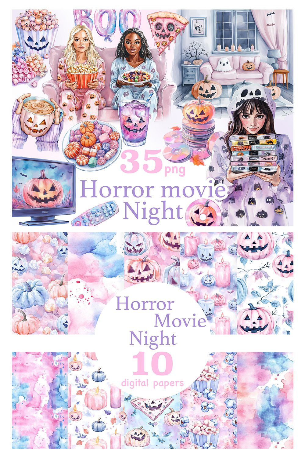 Halloween Clipart PNG Bundle | Horror Movie Night