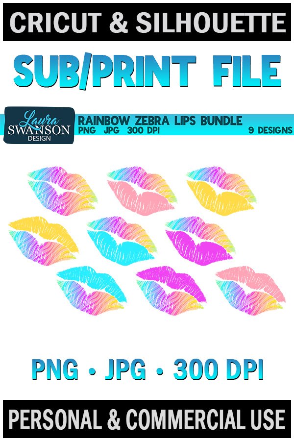 Rainbow Zebra Print Lips Bundle | PNG Sublimation Elements