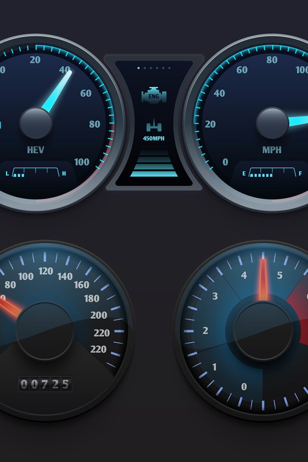 Realistic car dashboard speedometers with dial meter. Rapid