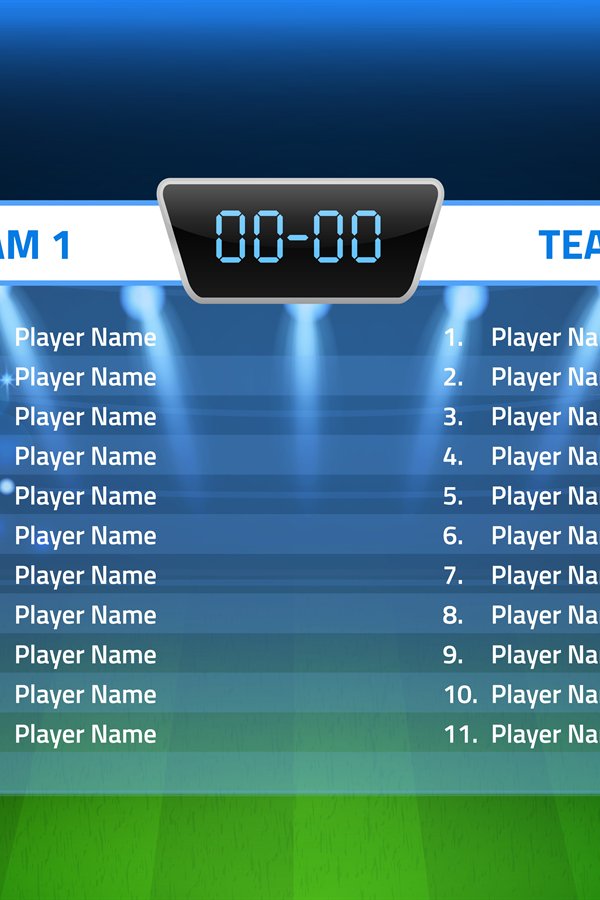 Football stadium. Digital game screen with player lists, soc