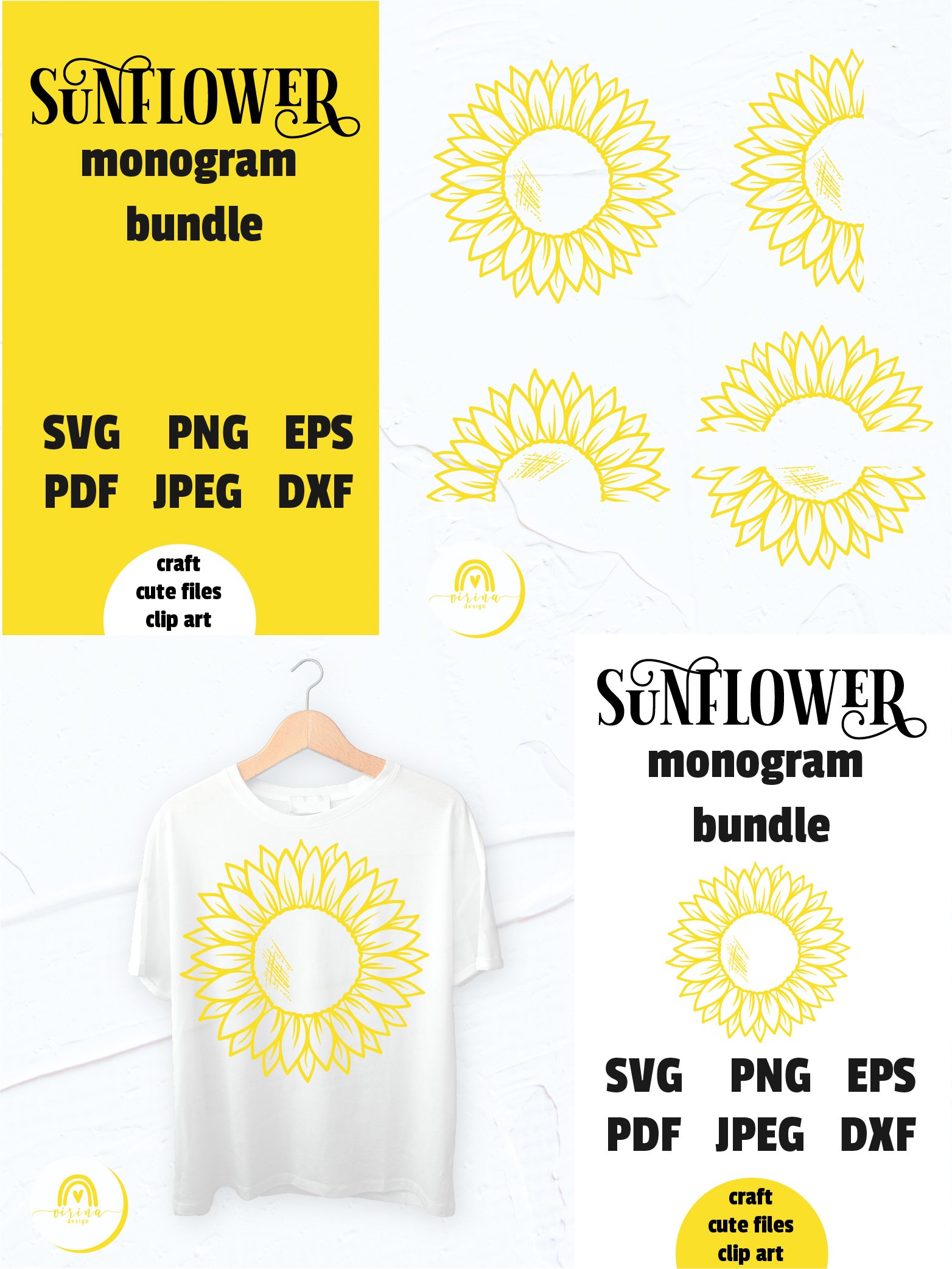 Sunflower bundle SVG. Sunflower Monogram Frame