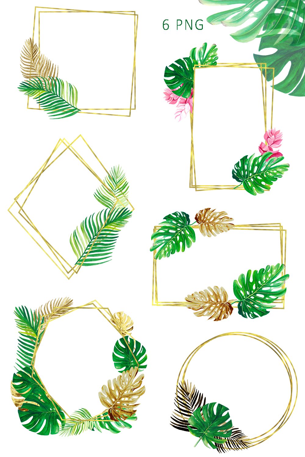 Watercolor Tropical Greenery Geometric Gold Frames Clipart