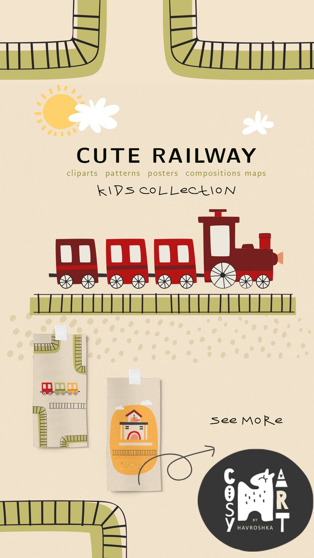 Kids railway set of cliparts, patterns, maps, posters