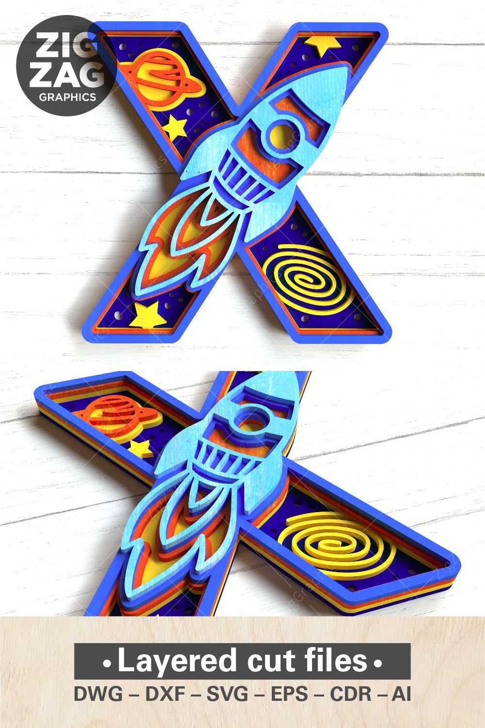 layered kids letter X with space rocket astronaut and stars