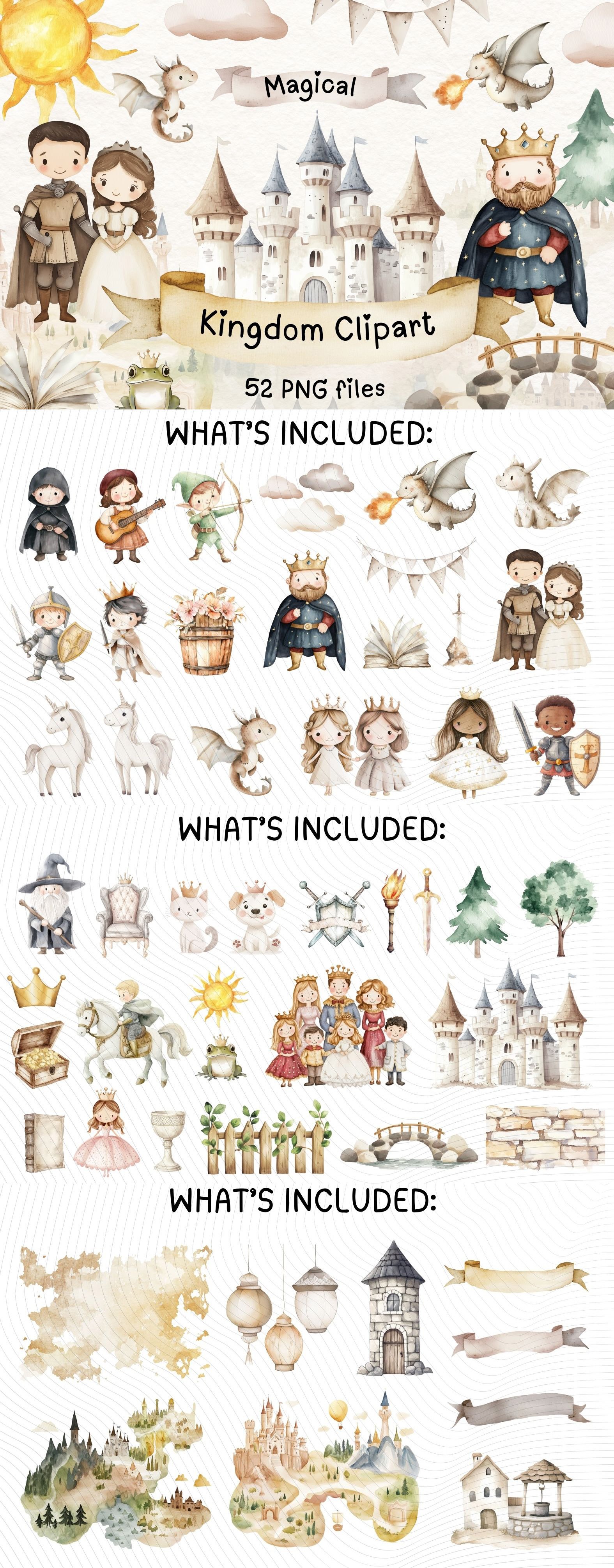 Magical Kingdom Clipart Bundle 52 PNG, Fairytale Stickers
