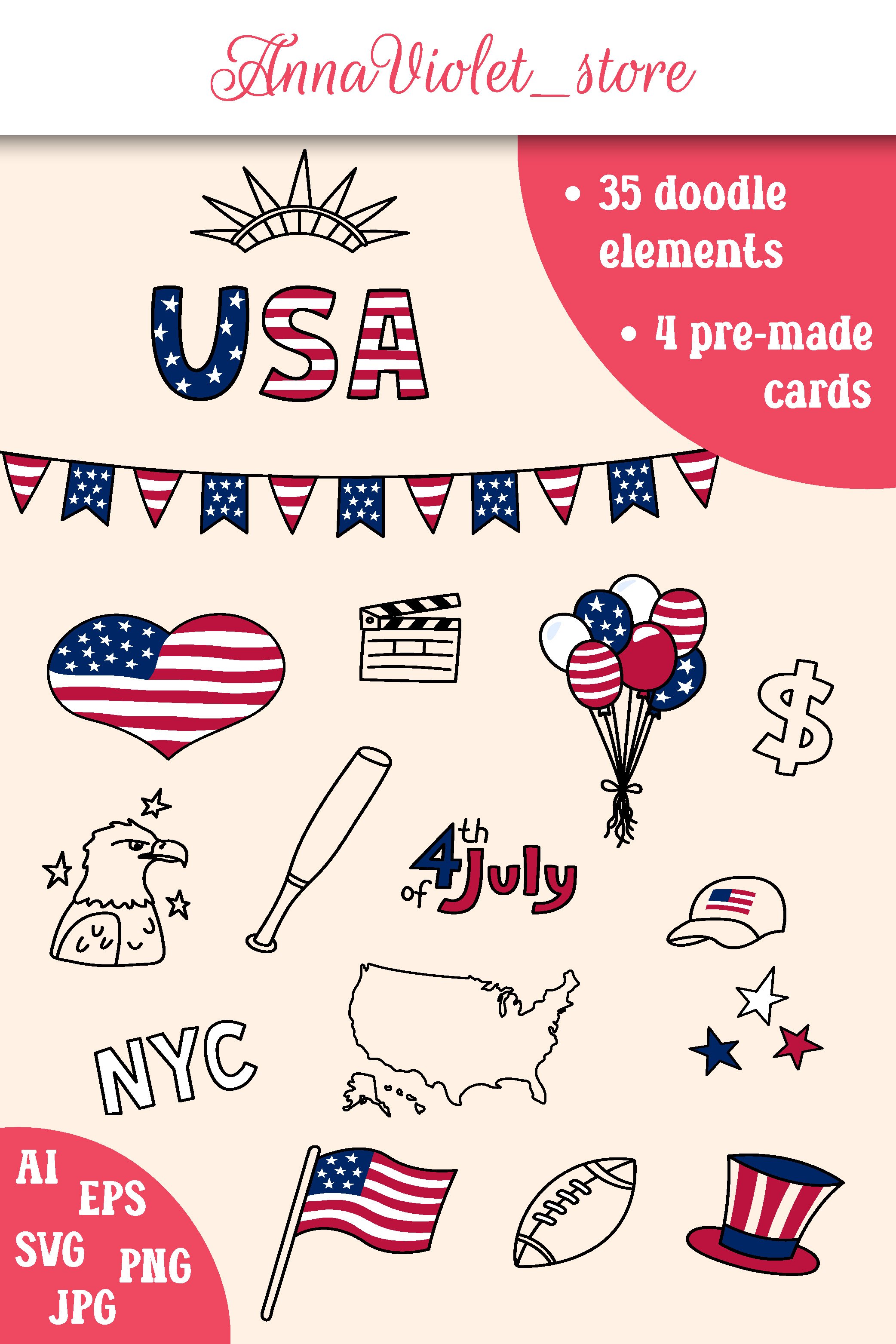 Independence Day | USA Doodle Clipart Elements | July 4 Card