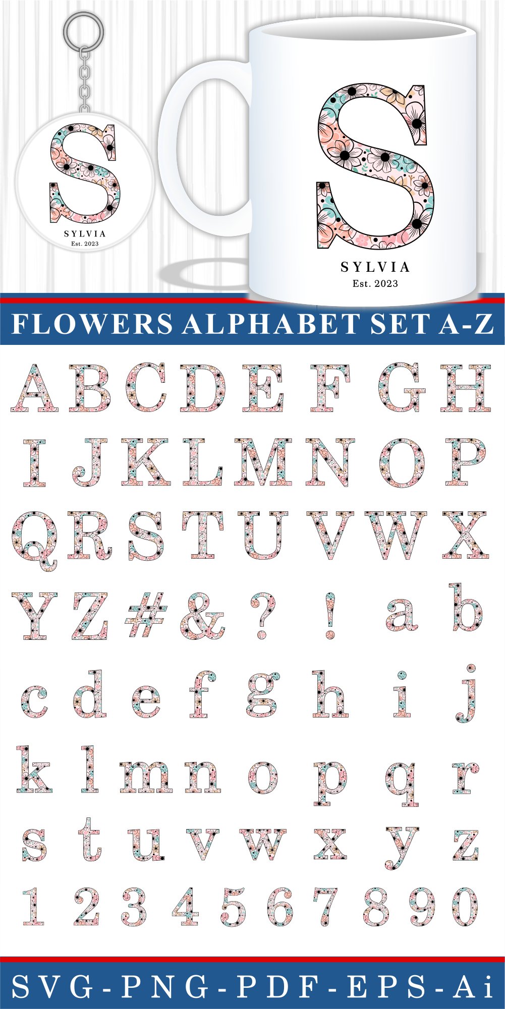 Daisy Flowers Doodle Alphabet & Number Set SVG & PNG File