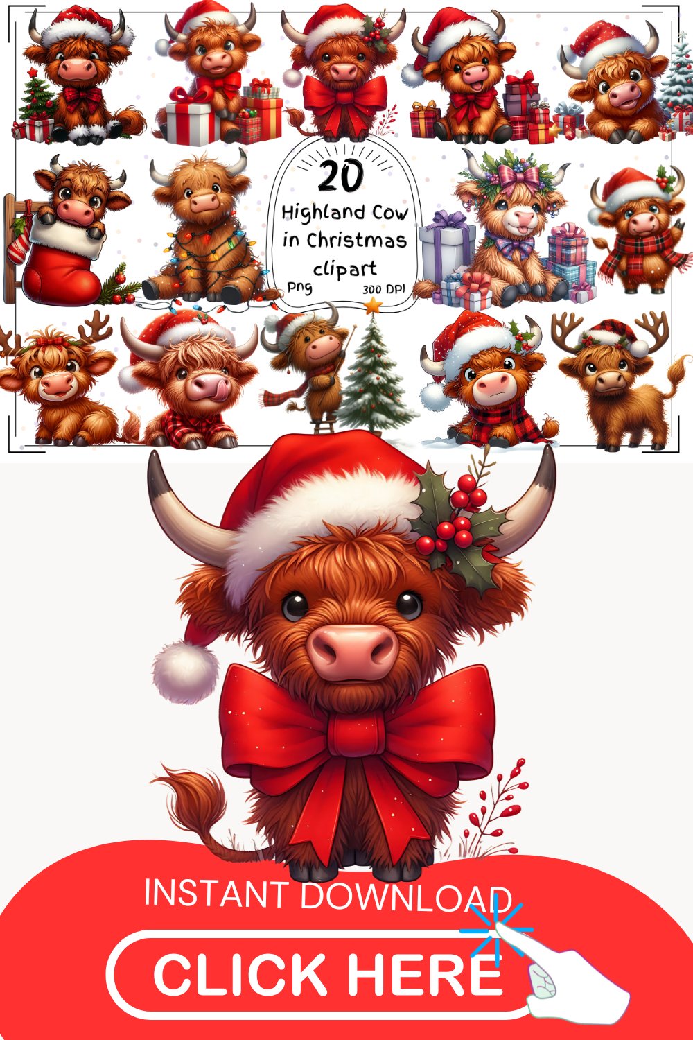 20 Funny Highland Cows Christmas Clipart