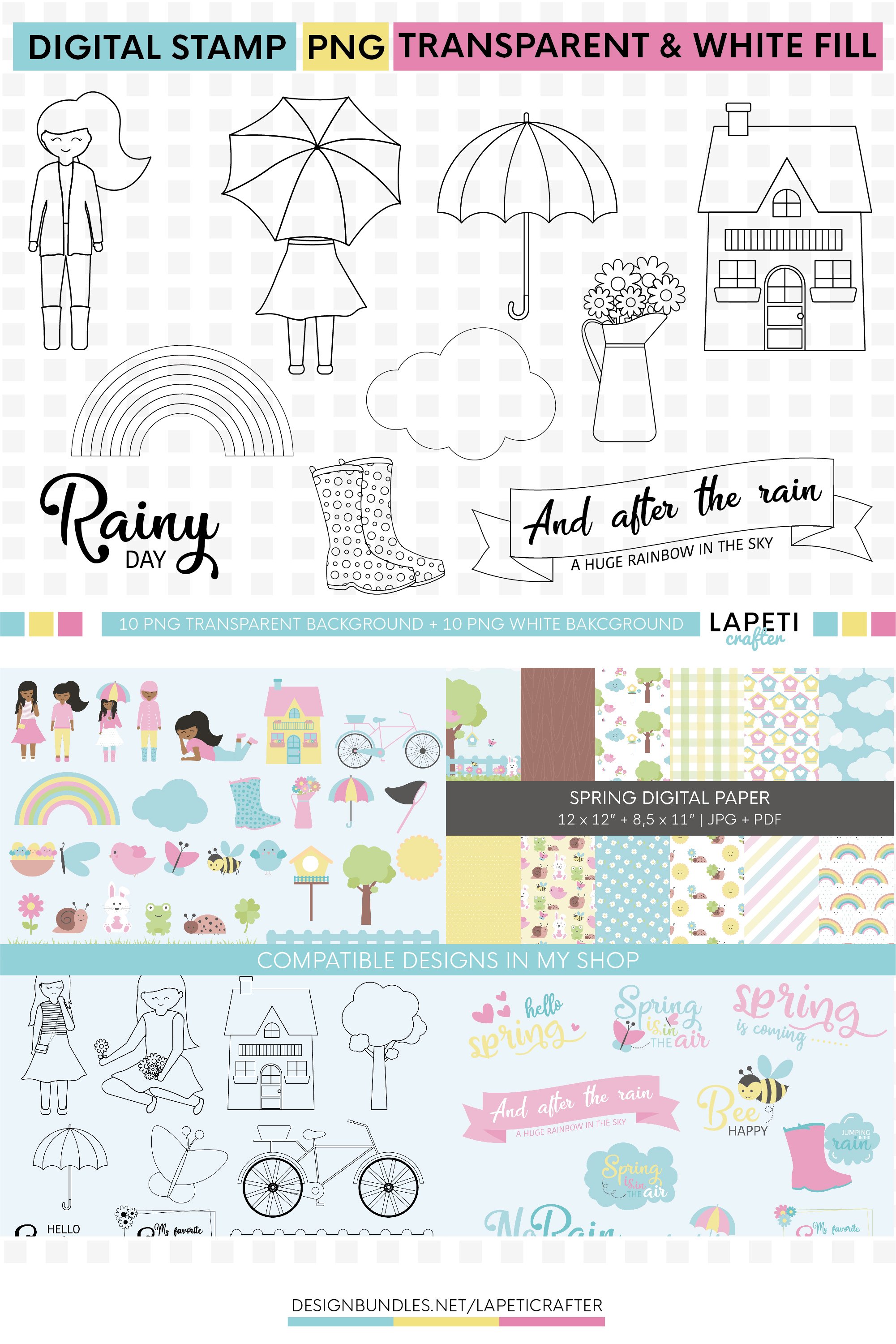 Digital stamp with spring illustrations | Coloring pages