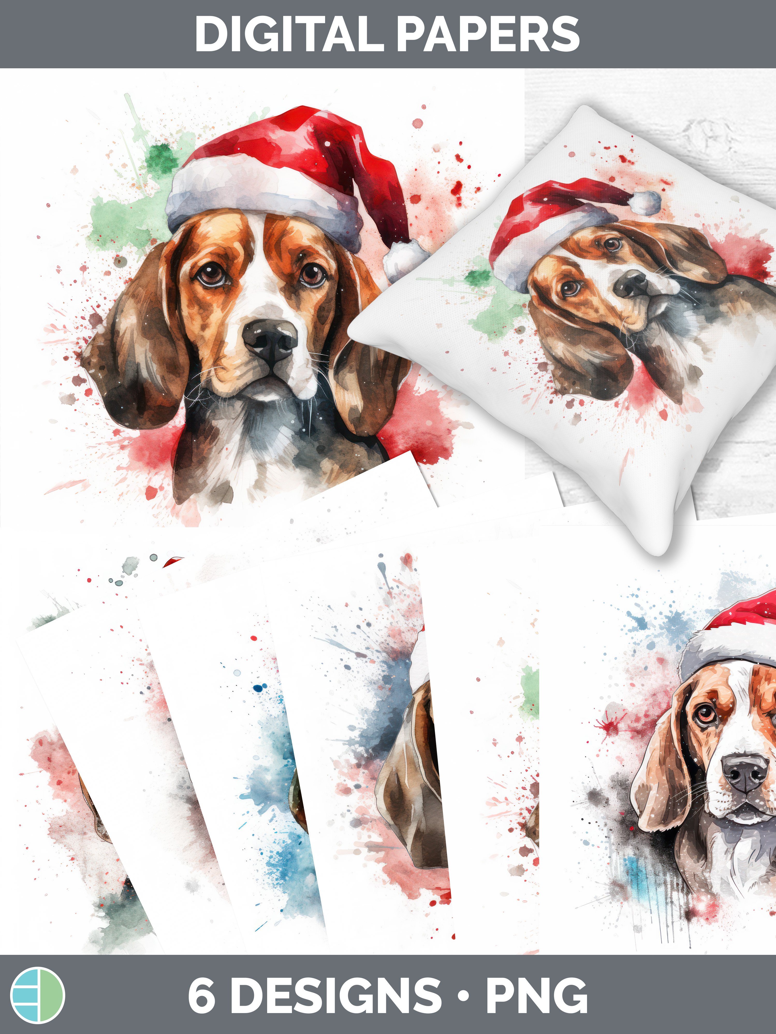 Christmas Santa Hat Beagle Dog Paper Backgrounds | Digital S