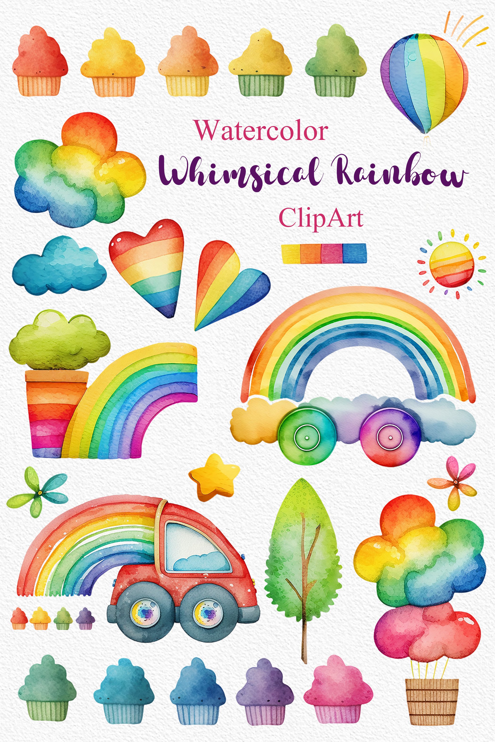 Watercolor Rainbow Clip Art, Cars Whimsical Rainbow