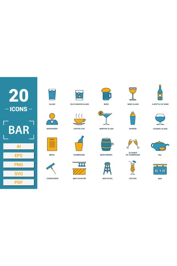 Bar and restaurant icon vector set in SVG, PNG, JPG, EPS, AI