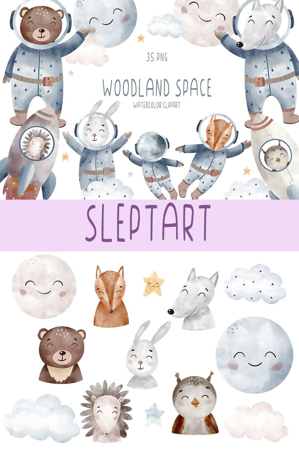 Watercolor woodland animals space clipart PNG, (1840383)