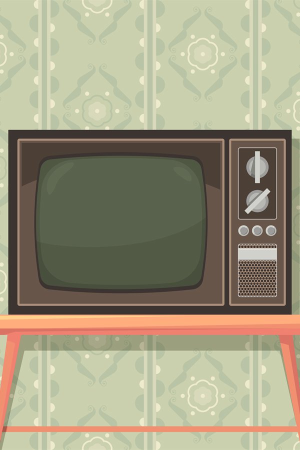 Tv on table. Retro background with old tv set for entertainm