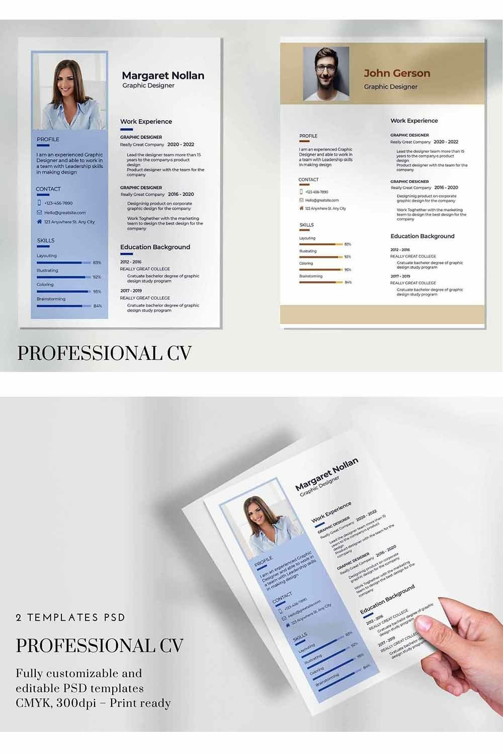 Clean, Modern and Professional CV - 2 Templates PSD