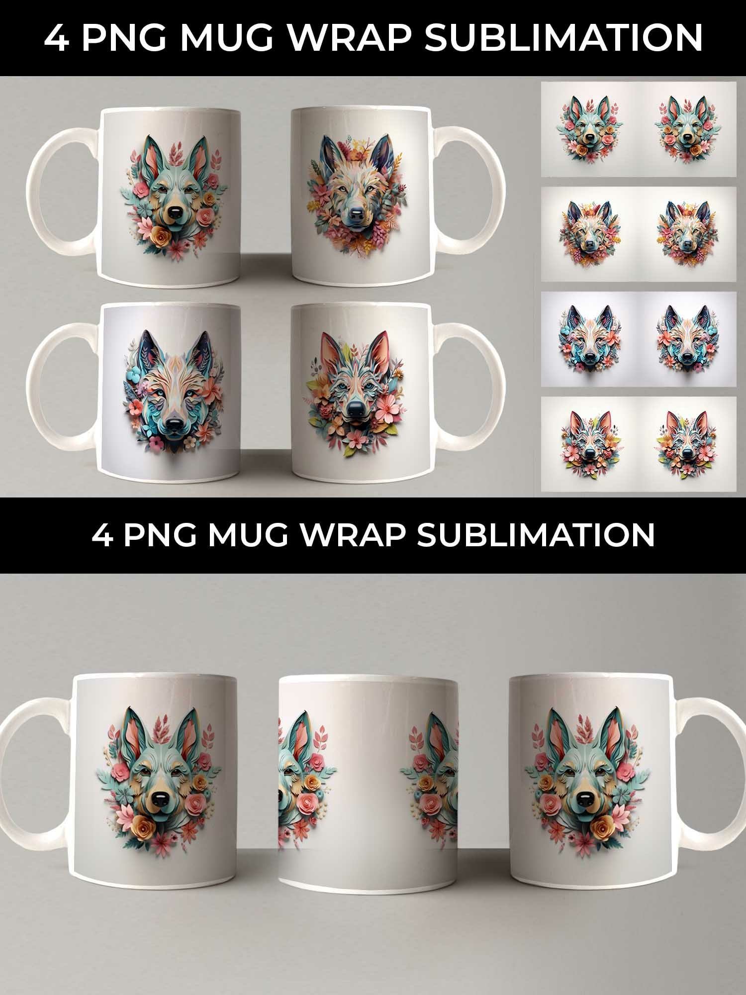 3D Floral Fantasy German Shepherd Mug Sublimation PNG Bundle