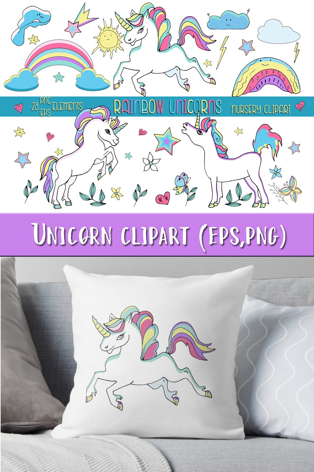 Rainbow Unicorns nursery clipart