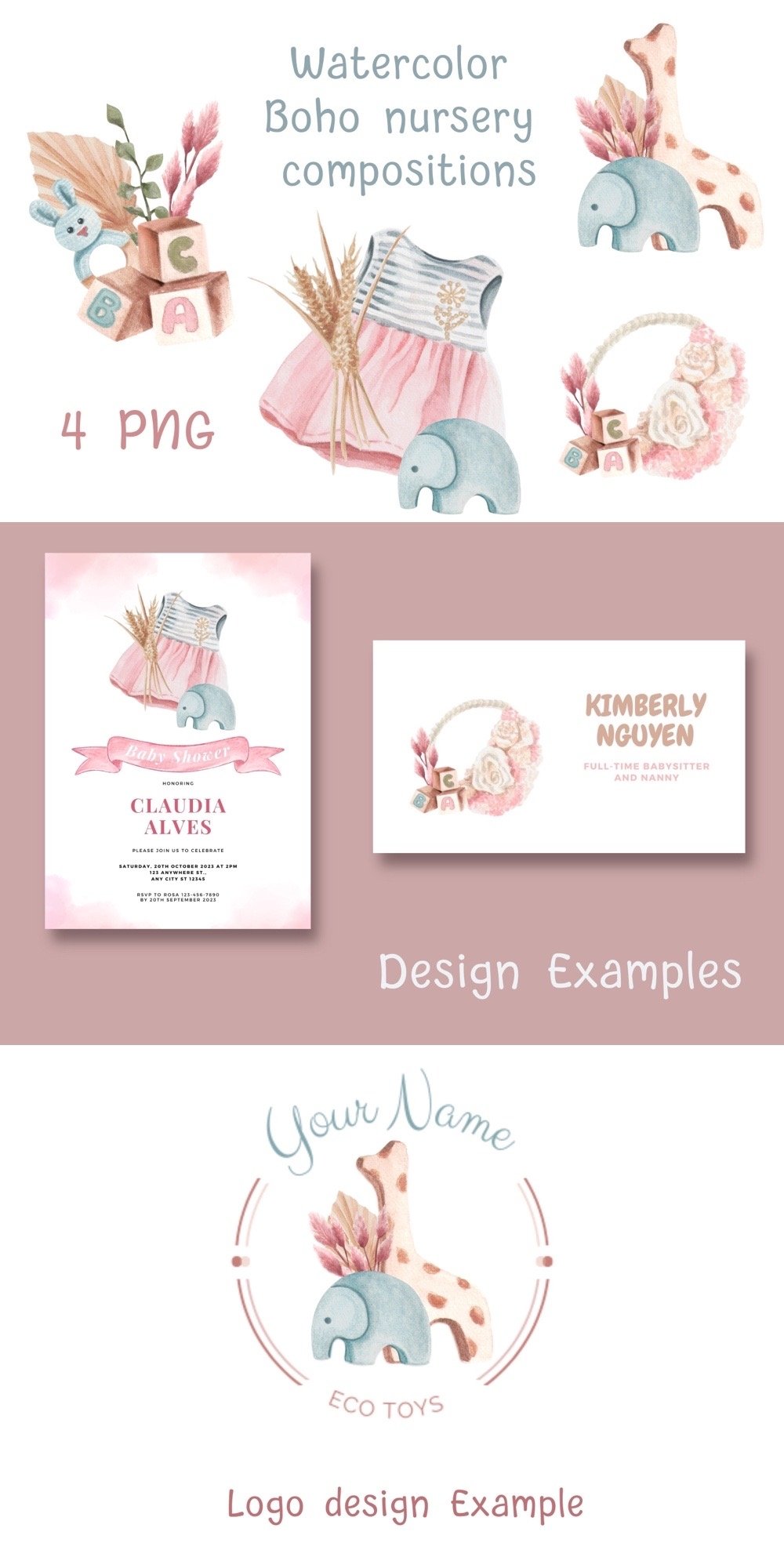 Nursery watercolor compositions, boho baby clipart PNG