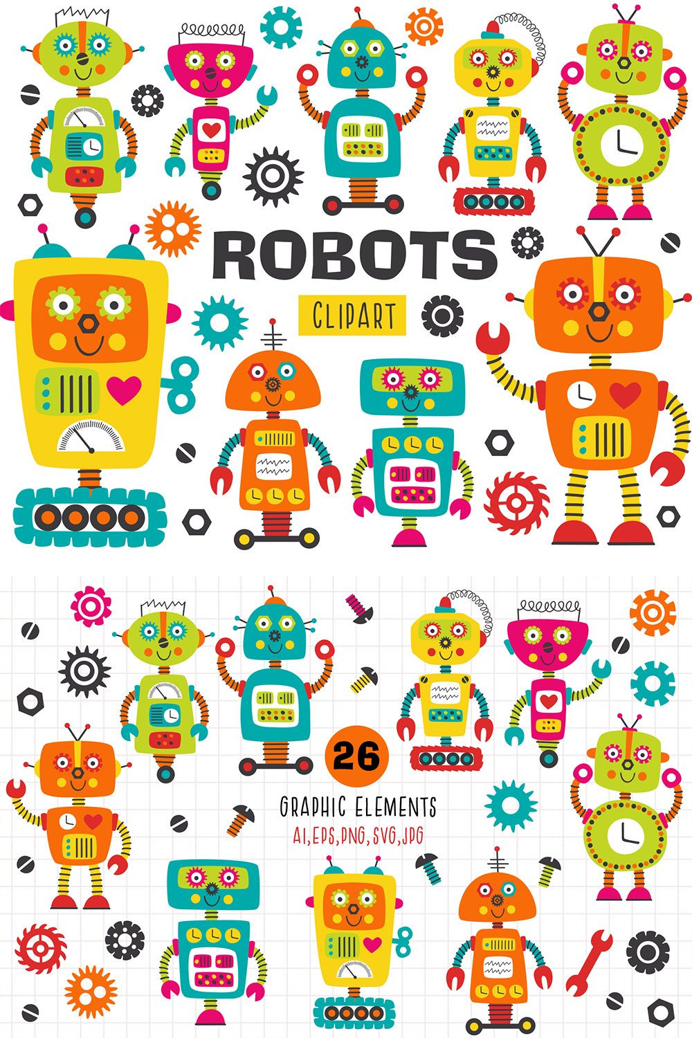 Cute Robots Clipart, Colorful Robots, Robots svg bundle