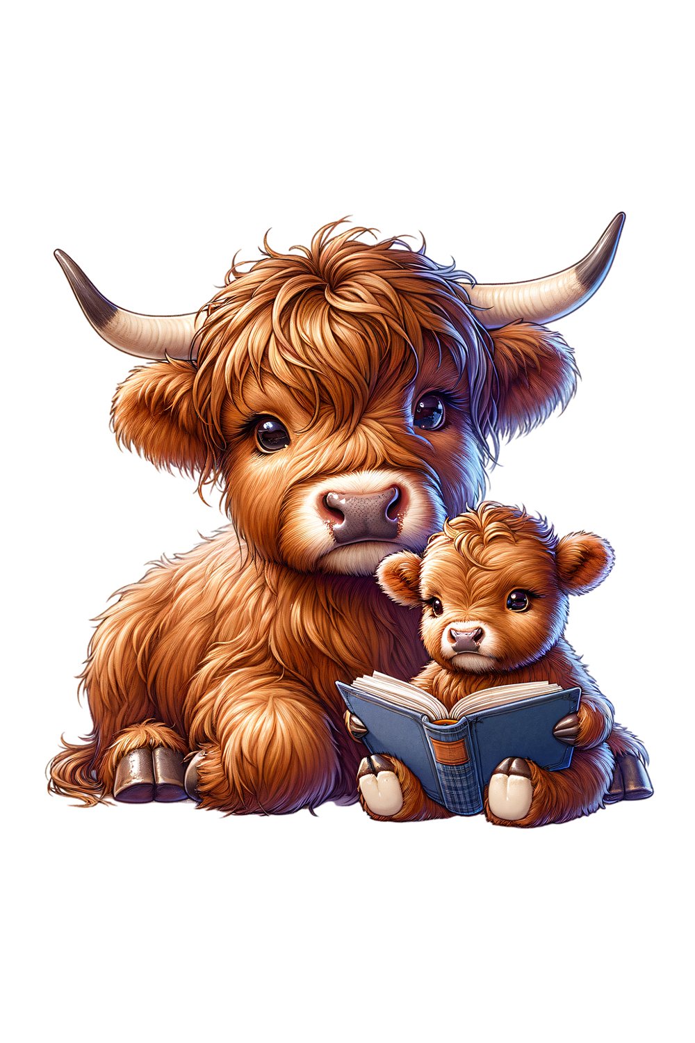 Highland Cow with Baby Reading a Book Mothers Day Clipart