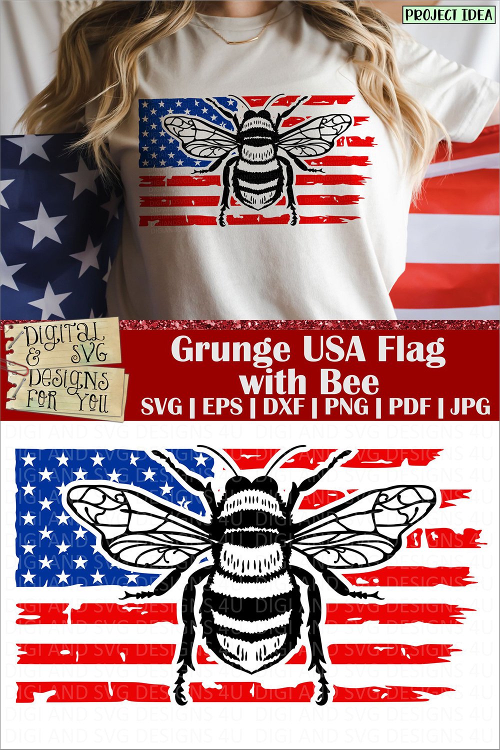 Distressed USA Flag with Bee, Honey Bee SVG, Bee svg