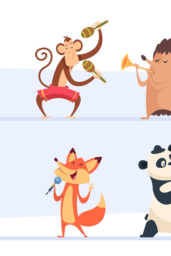 Animals musicians. Wild cartoon zoo animals with musical ins