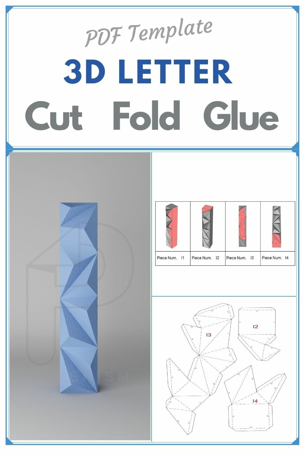 I Letter Papercraft, 3d Alphabet, DIY pdf template, low poly