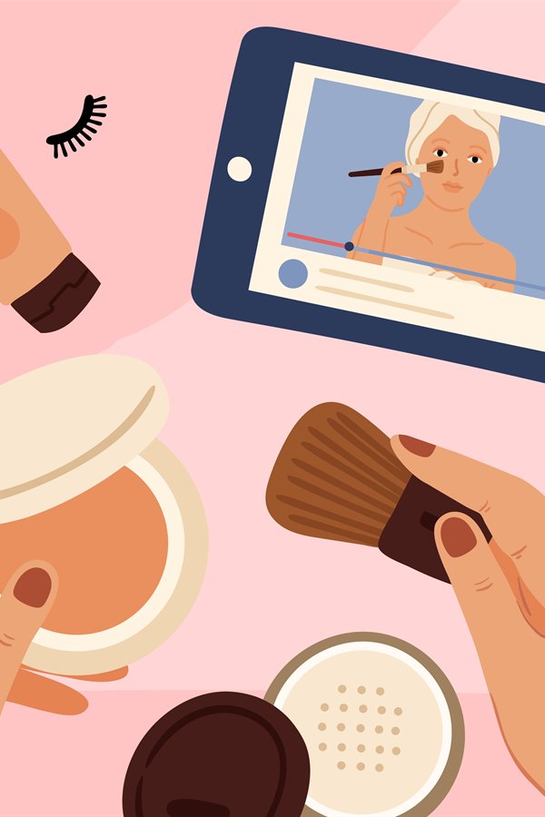 Morning makeup. Hand holding cosmetics, online beauty tutori