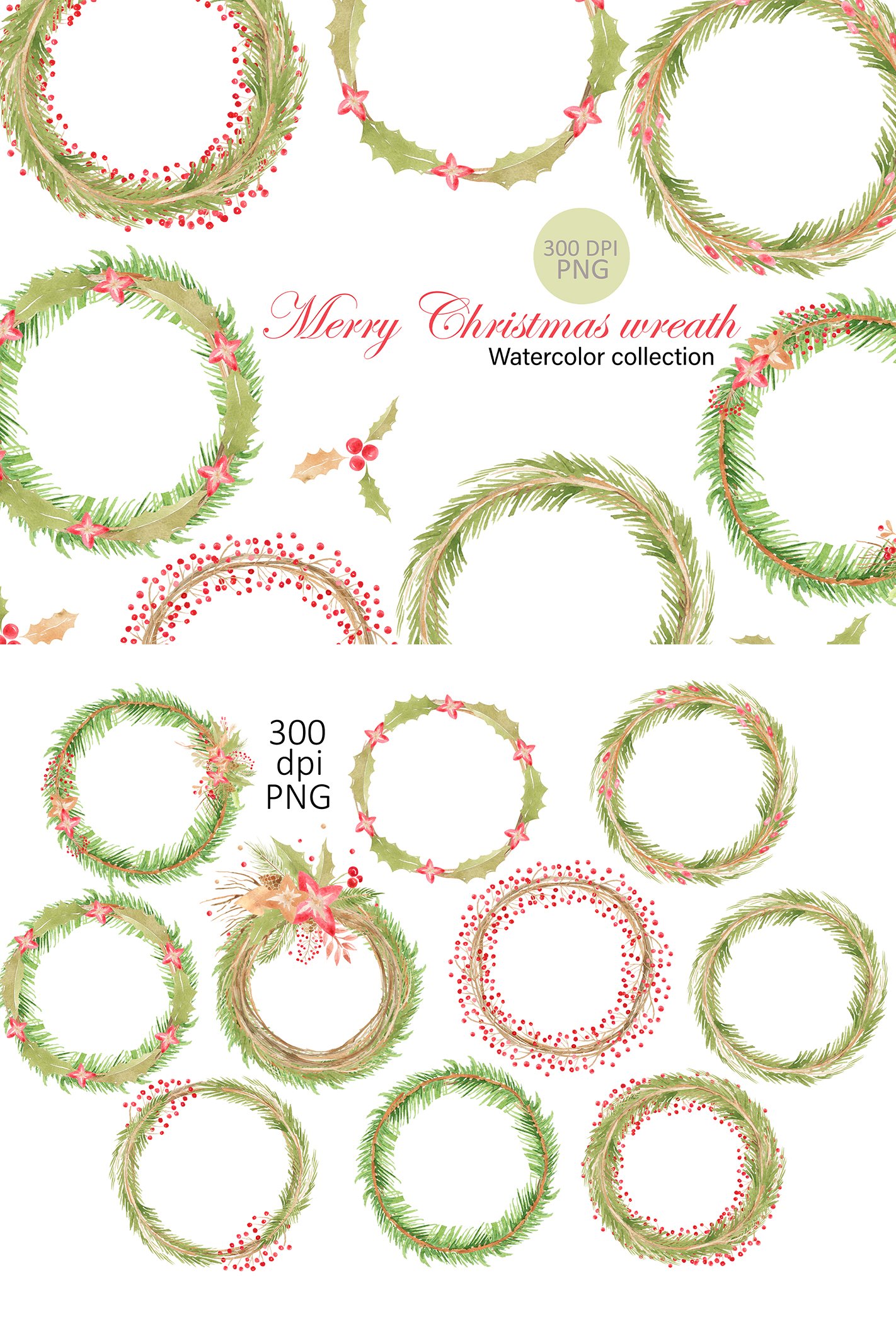 Watercolor Christmas wreath clipart. (1394818)