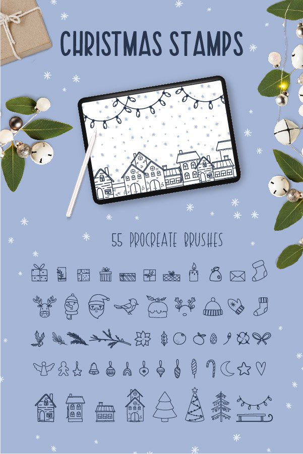 Christmas Procreate Stamps - 55 Winter Doodle Brushes