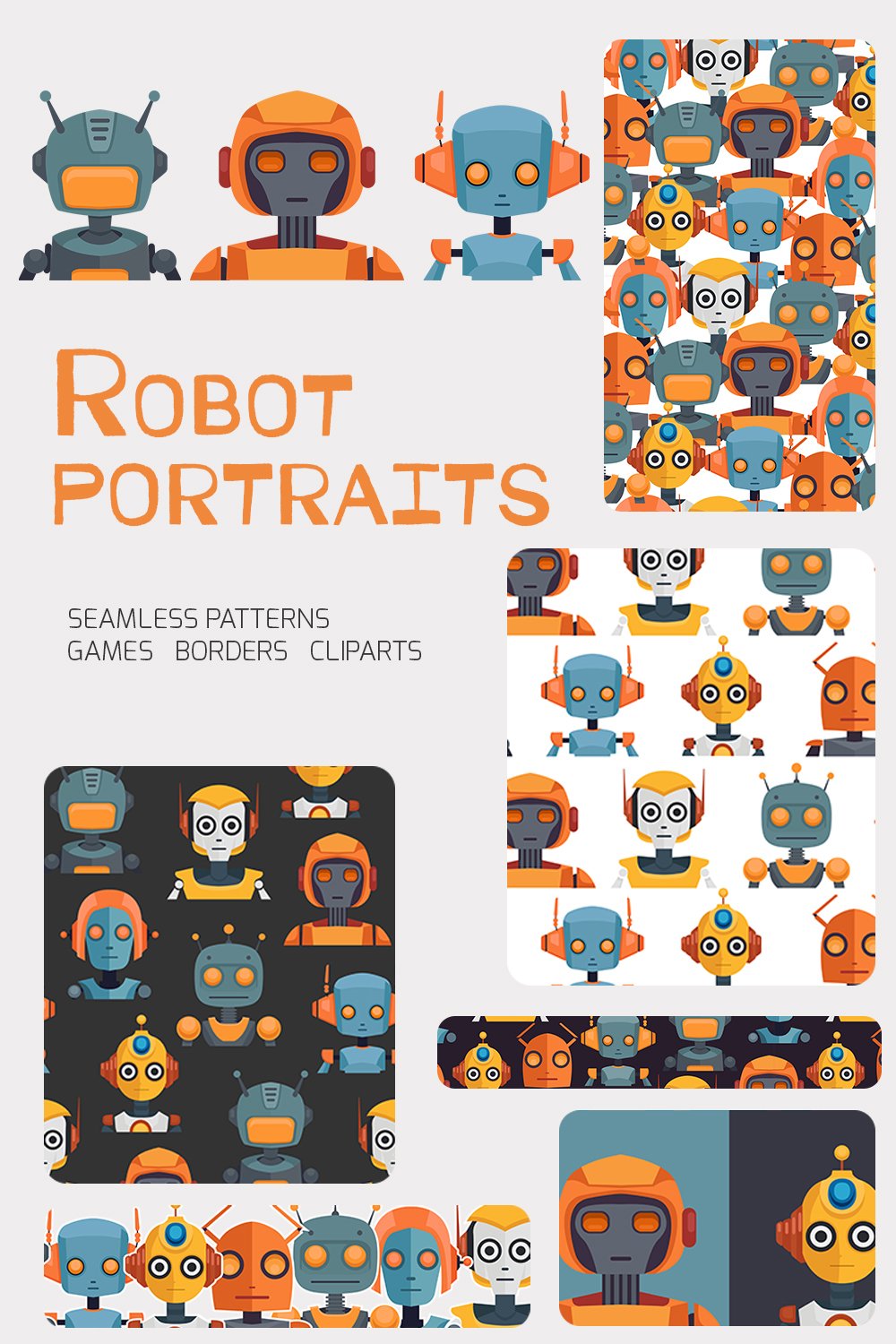 Set of robot portraits and patterns