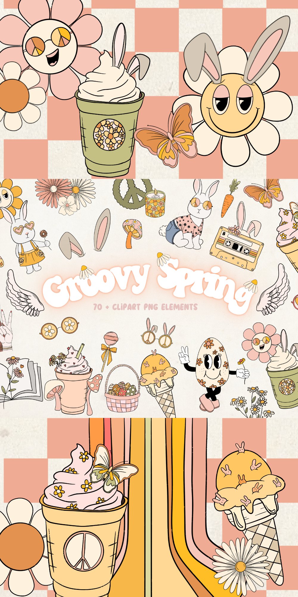 Retro Easter Clipart Bundle | Groovy Spring Clipart