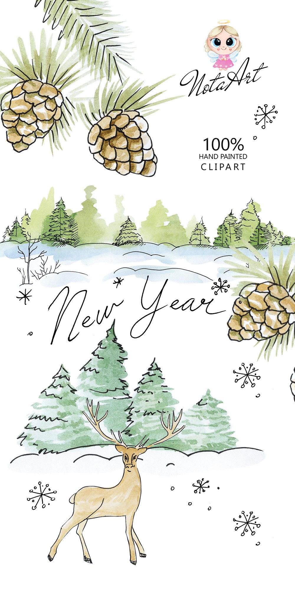 New Year's clipart watercolor, Winter forest png
