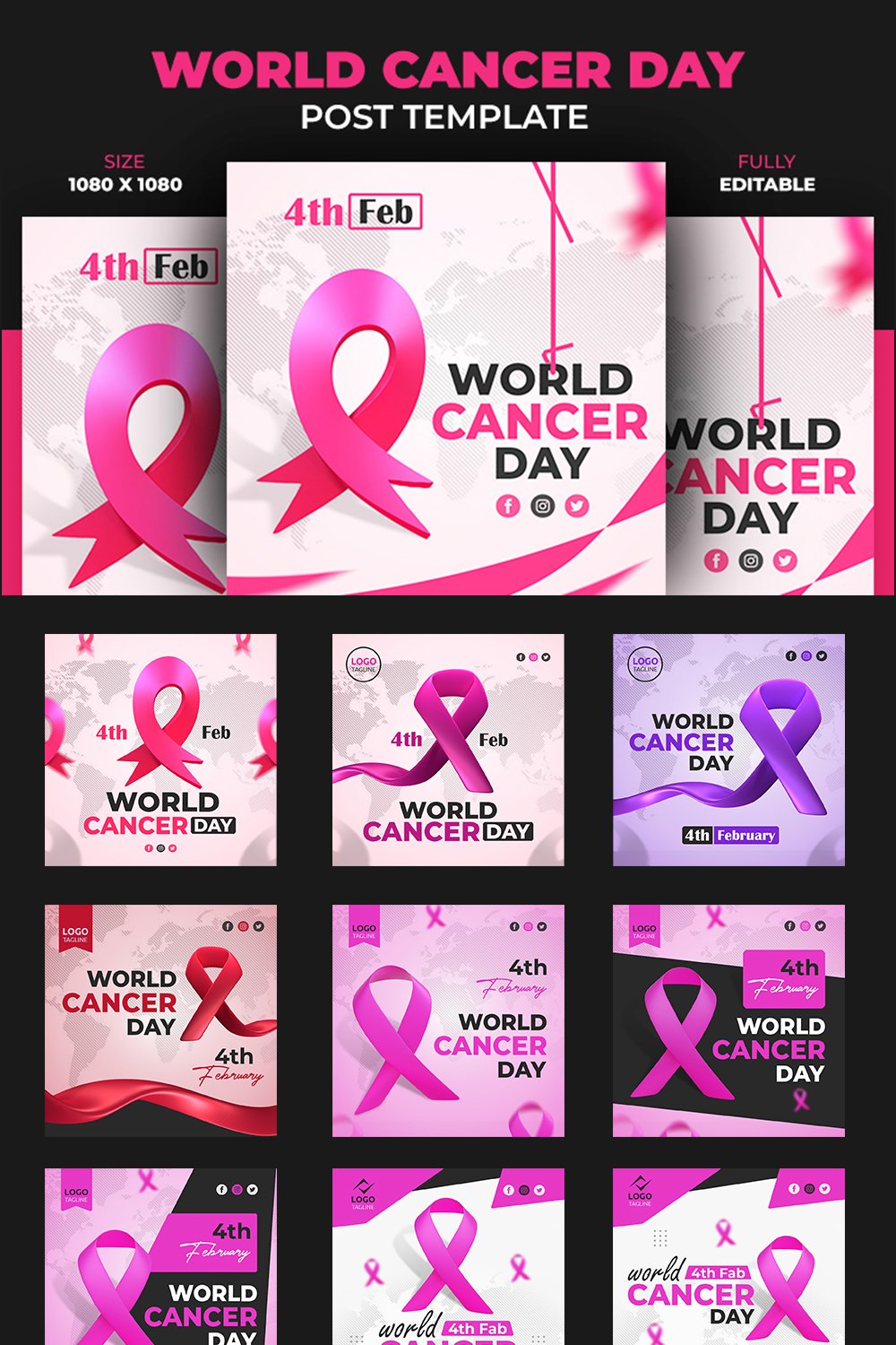 World Cancer Day 3D Pink Ribbon Social Media Post Bundle