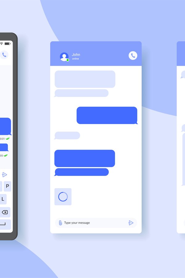 Chat speech bubbles on smartphone screen, dialogue balloons