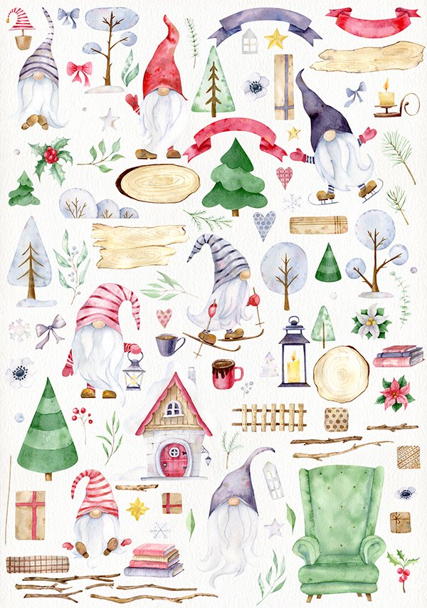 Bundle Christmas Gnomes clipart, watercolor png (1078558)