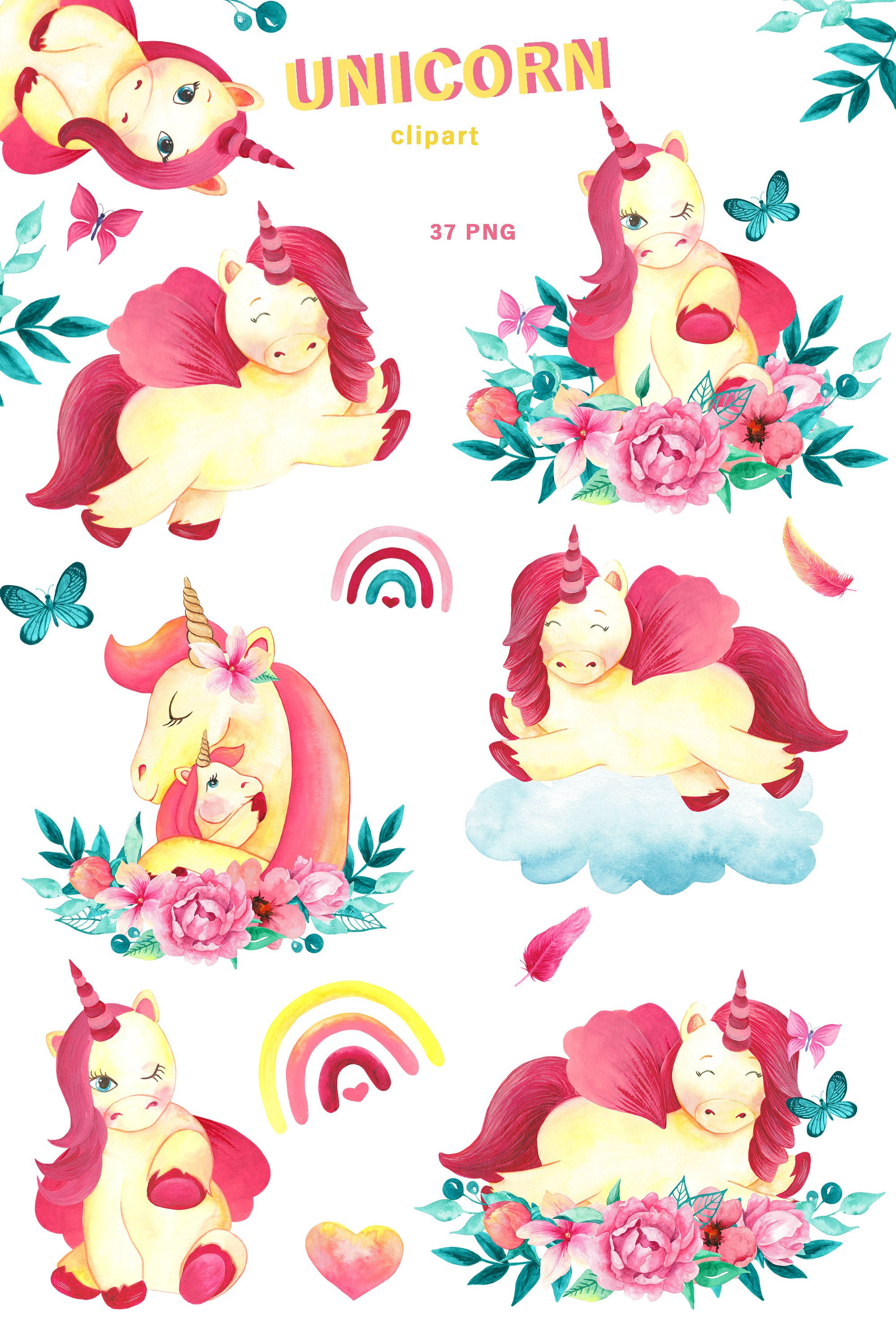 Watercolor Cute Unicorn Clipart, Girl Baby Shower PNG