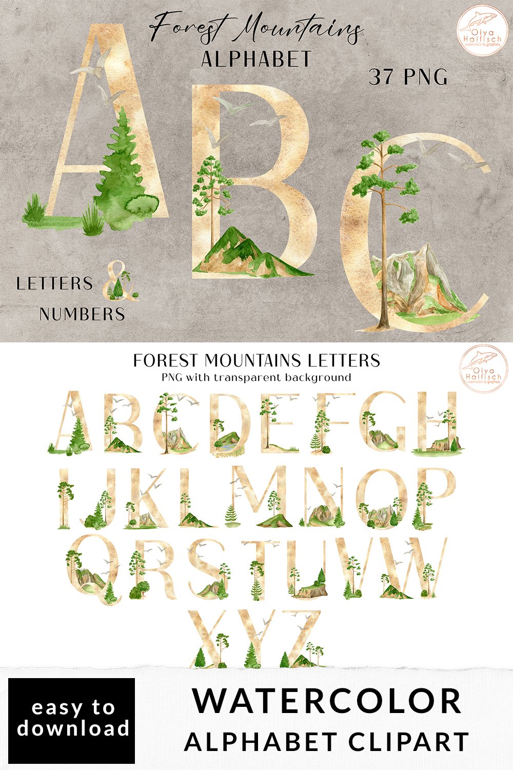 Woodland Alphabet Clipart. Watercolor Nature Letters PNG