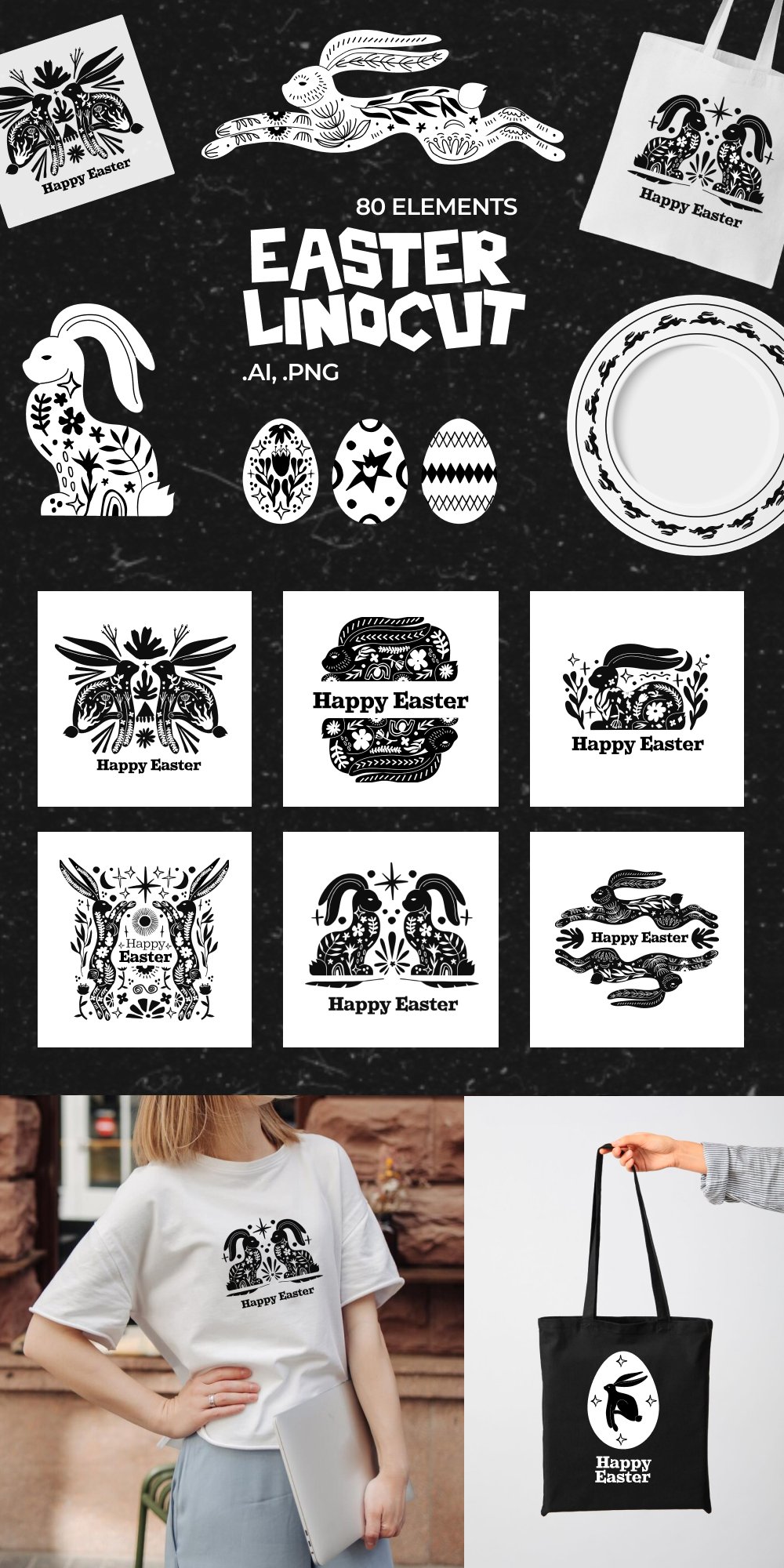 Easter linocuts with rabbits