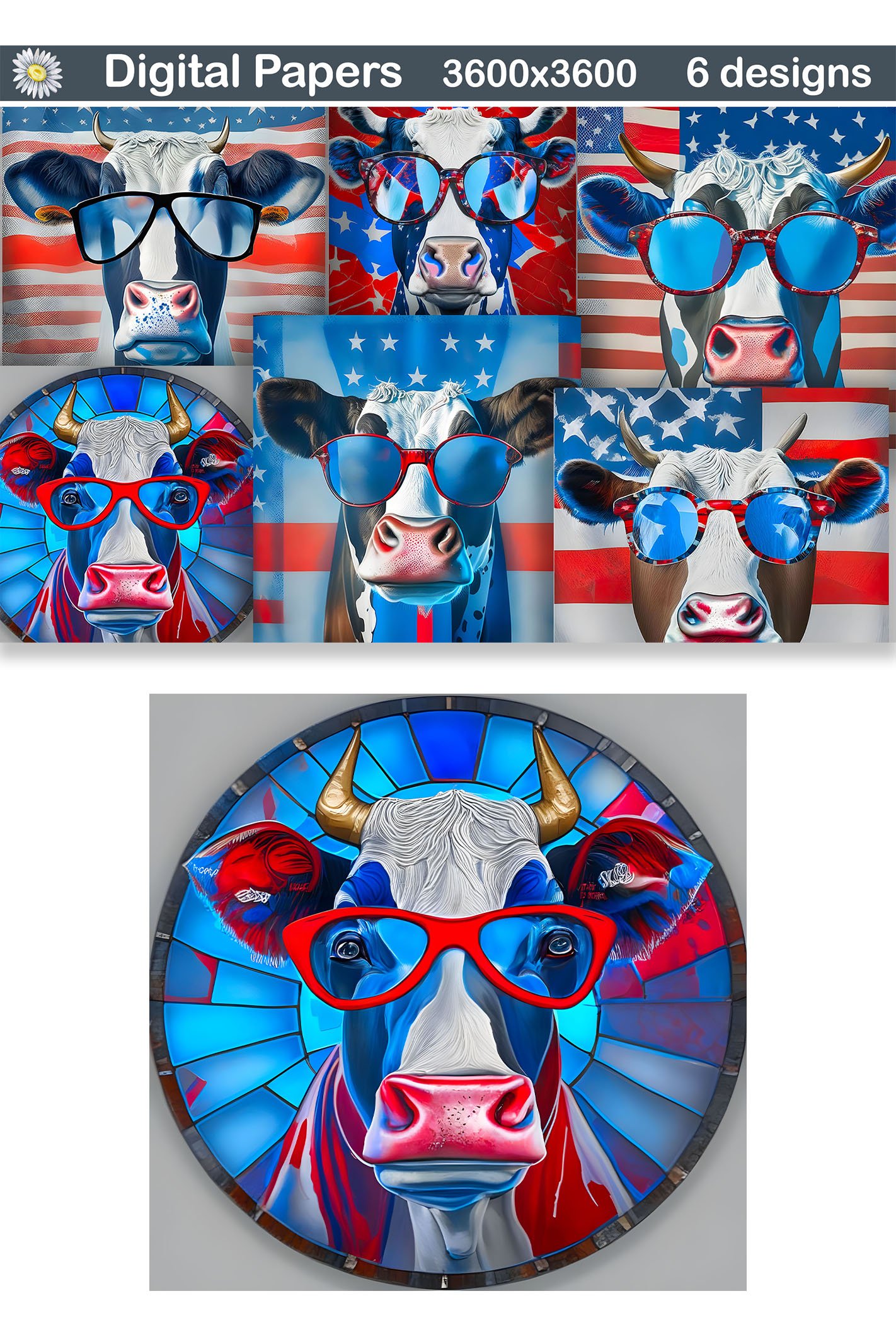 Patriotic Cow Illustration | American Flag Cow Digital paper