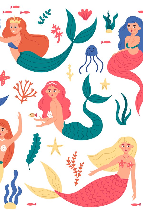 Cute mermaids. Princess mermaid characters, hand drawn magic