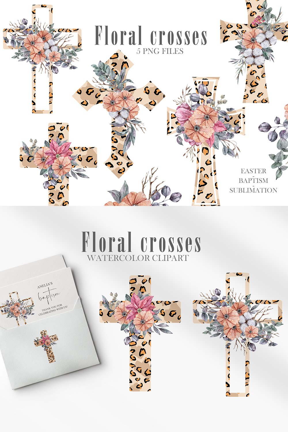 Leopard cross png. Easter watercolor floral sublimation