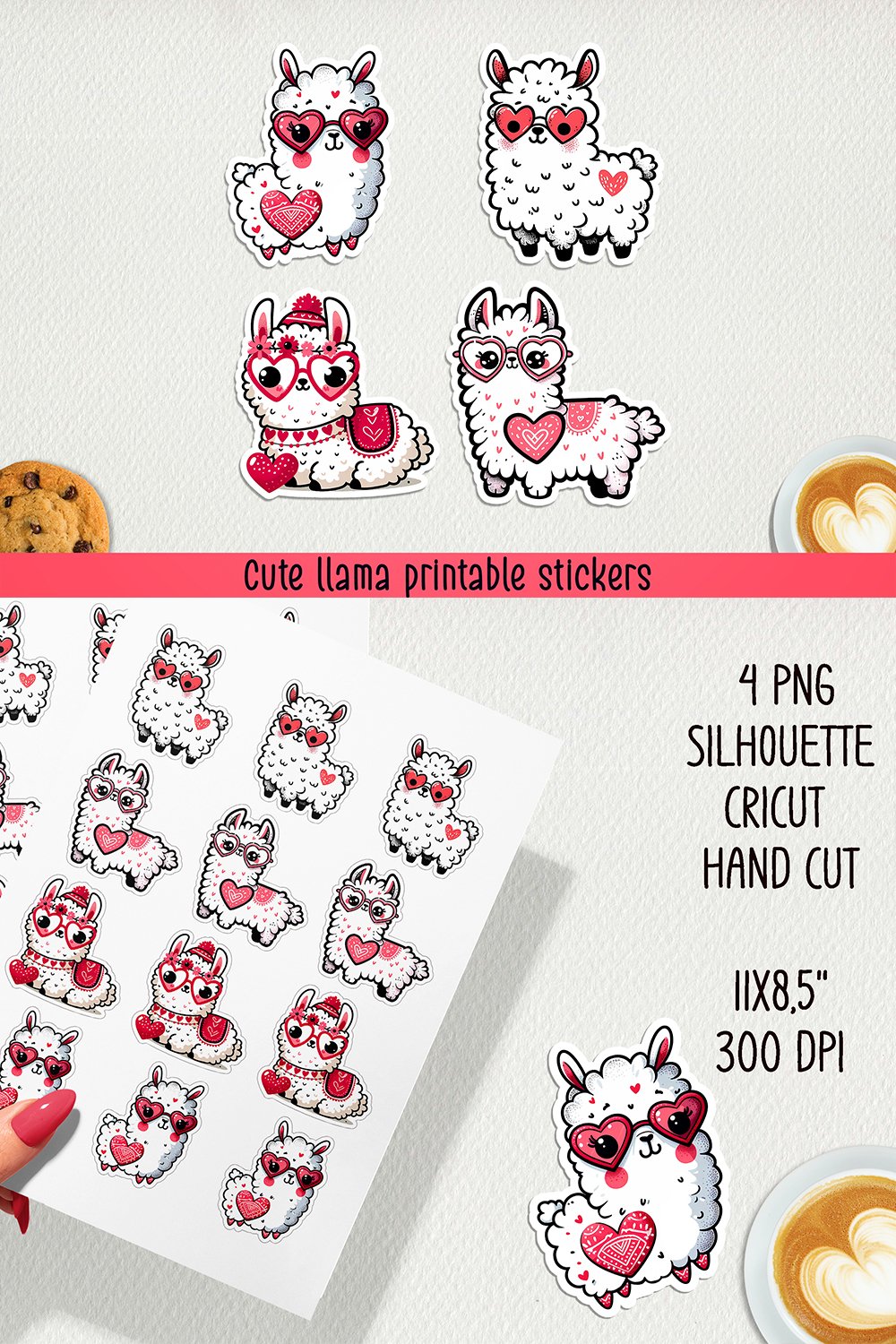 Cute llama printable stickers. PNG, JPG. (3341231)