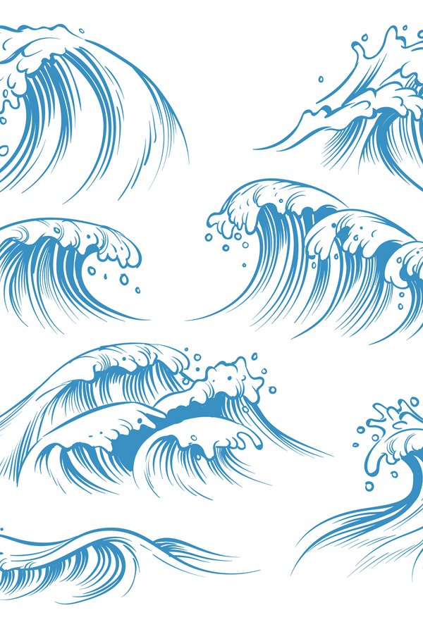 Hand drawn ocean waves. Sketch sea waves tide splash. Hand d