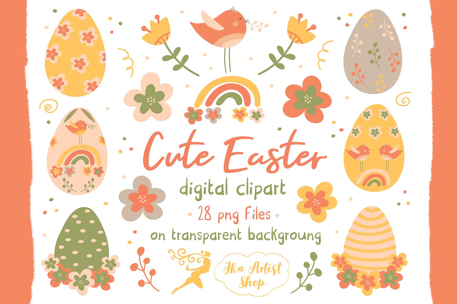 Easter Eggs Digital Clip Art. Spring Bird, Flowers, Rainbows