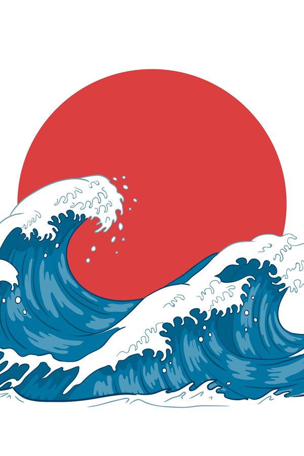 Japanese wave. Japanese big waves, raging ocean and vintage