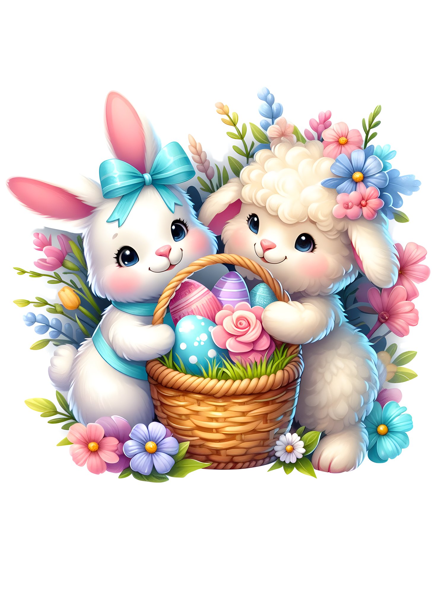 Cute Easter Bunny and Sheep, Clipart for Sticker, Png
